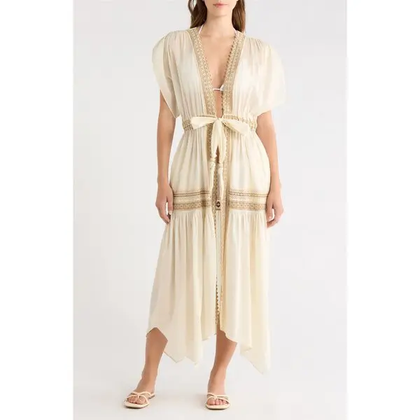 Ramy Brook Audra Lace Trim Tie Front Cover-up Dress - Sandstone