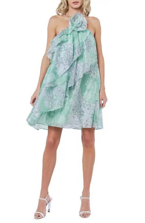 CIEBON Kaia Tiered Printed Halter Minidress - Green Multi