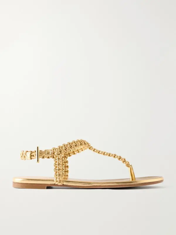 GIANVITO ROSSI Woven Metallic Leather Thong Sandals - Gold