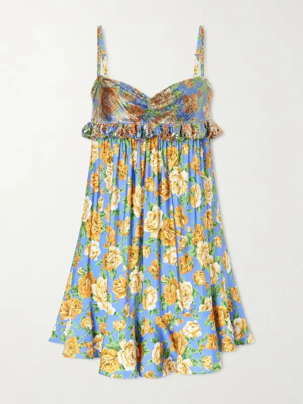 Rabanne Embellished Ruffled Floral-print Jersey Mini Dress - Multi