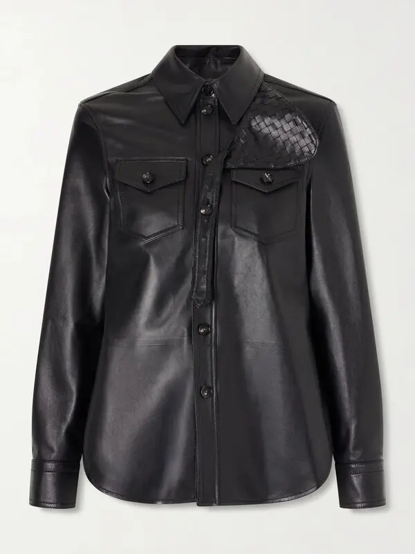 Bottega Veneta Leather Shirt With Intrecciato Trim - Black