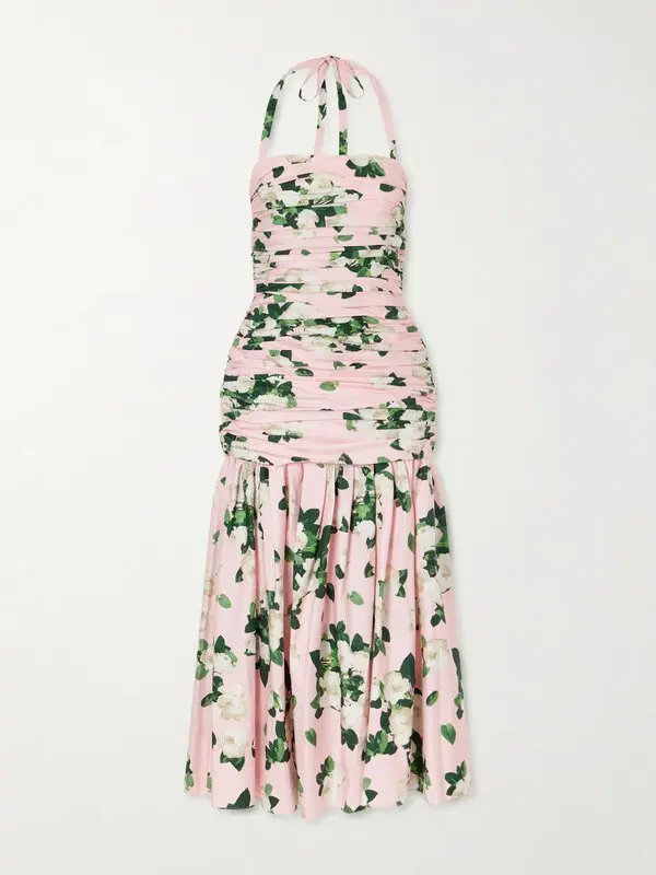 Carolina Herrera Floral-print Ruched Cotton-blend Maxi Dress - Pink