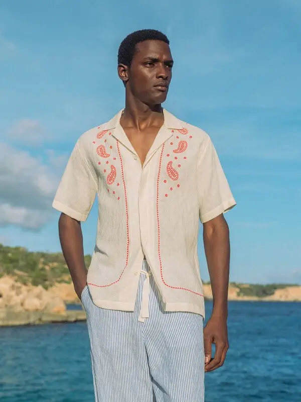 Orlebar Brown White Sand Maitan Embroidered Shirt - Red