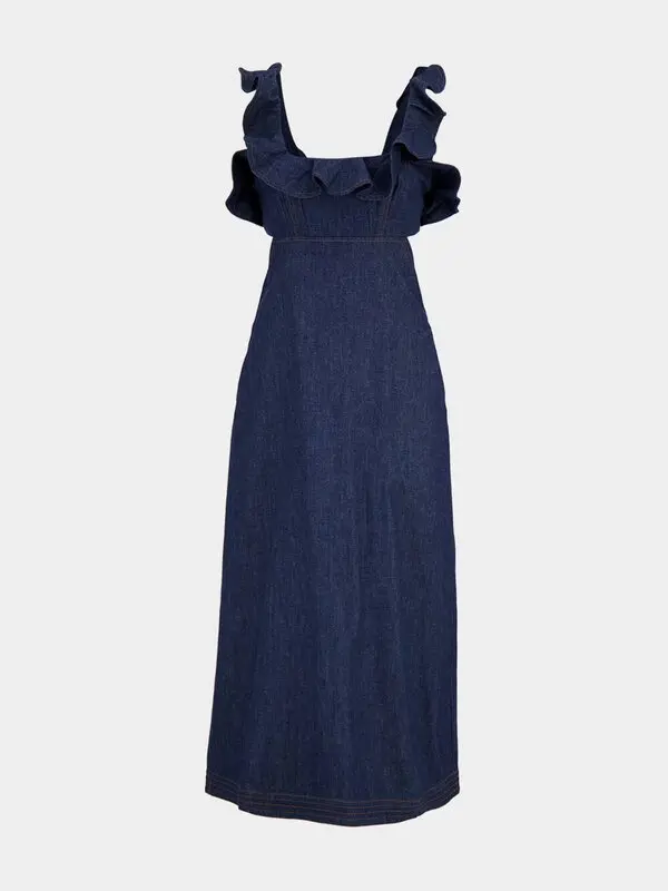 Zimmermann Ink Aster Denim Frill Midi Dress - Blue