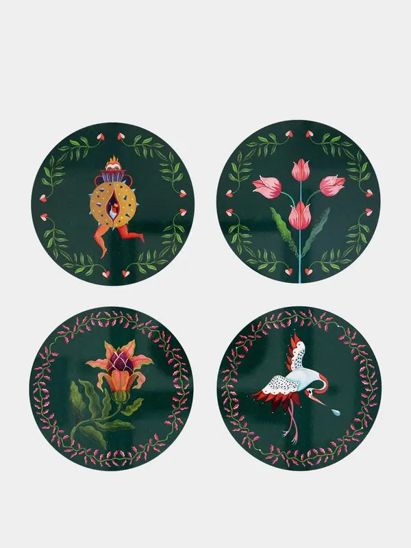 La DoubleJ Flora & Fauna Cork Coaster Set Of 4 - Green