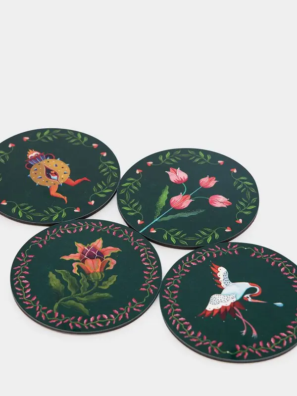 La DoubleJ Flora & Fauna Cork Coaster Set Of 4 - Green