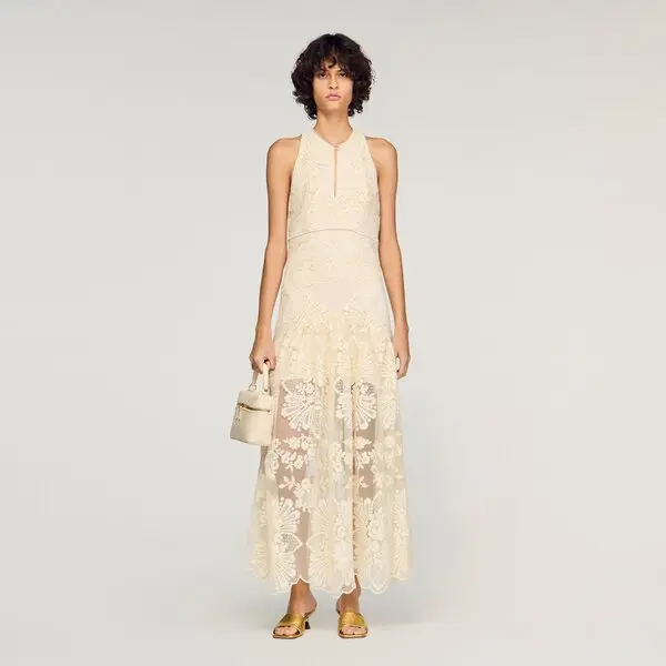 Sandro Floral Guipure Lace Maxi Dress - Vanilla