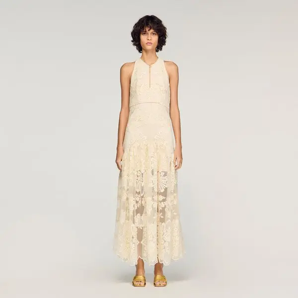 Sandro Floral Guipure Lace Maxi Dress - Vanilla