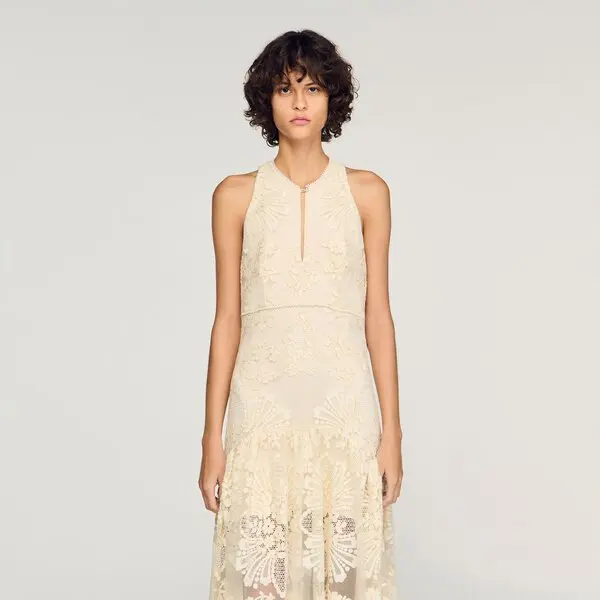 Sandro Floral Guipure Lace Maxi Dress - Vanilla