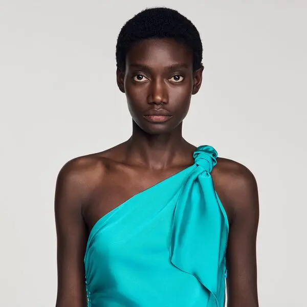 Sandro Satin-effect Maxi Dress With Asymmetrical Cutout And Knot Detail