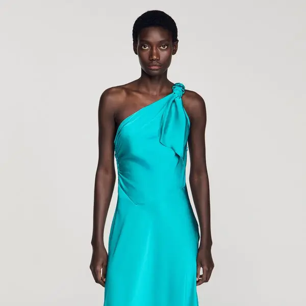 Sandro Satin-effect Maxi Dress With Asymmetrical Cutout And Knot Detail