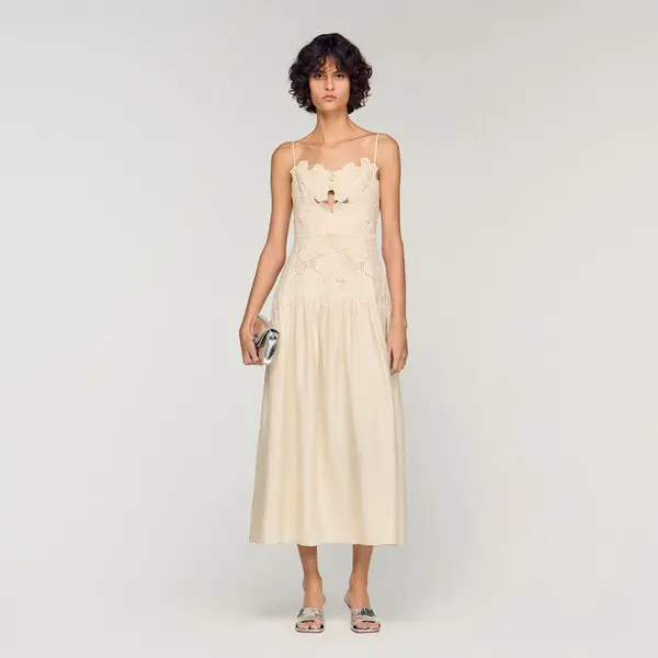 Sandro Guipure Lace Midi Dress With Bustier Top And Peplum Skirt