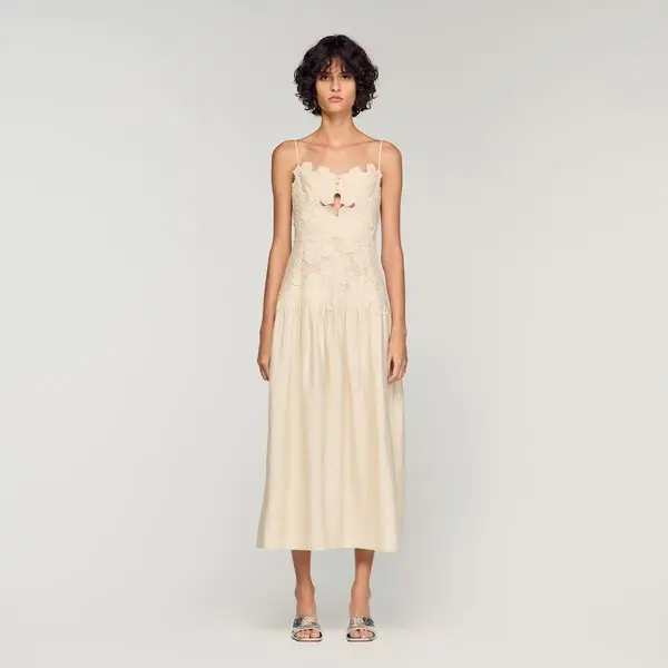 Sandro Guipure Lace Midi Dress With Bustier Top And Peplum Skirt