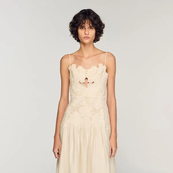 Sandro Guipure Lace Midi Dress With Bustier Top And Peplum Skirt