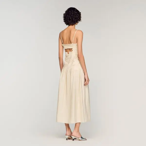 Sandro Guipure Lace Midi Dress With Bustier Top And Peplum Skirt