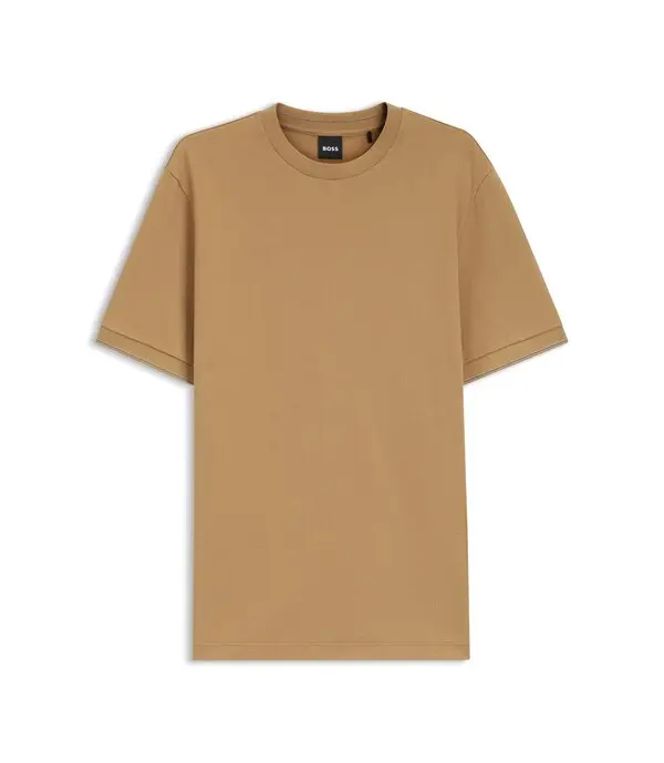 BOSS Structured Cotton T-shirt With Cuff Stripes - Beige