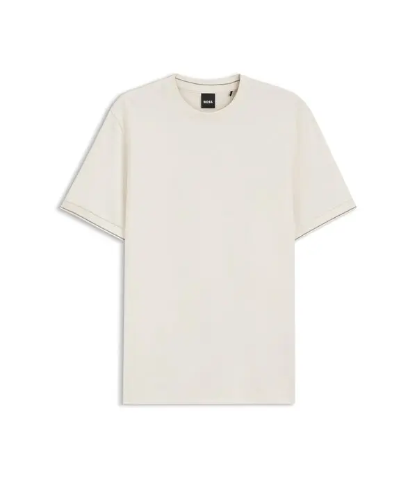 BOSS Structured Cotton T-shirt With Cuff Stripes - White