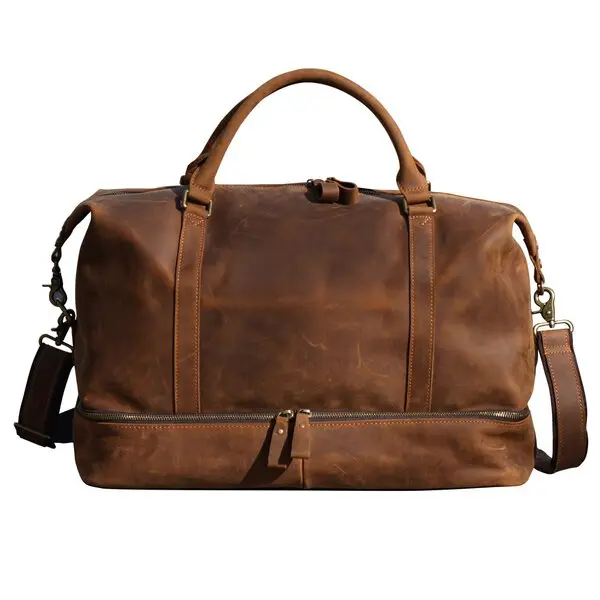 TOURI Leather Duffle Bag With Suit Compartment - Brown