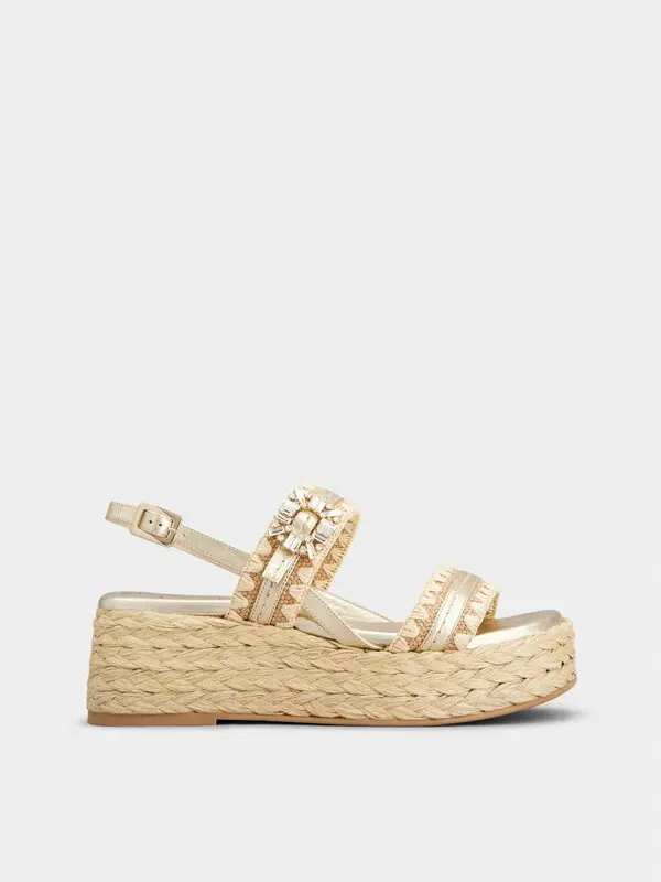 ROGER VIVIER Raffia Wedge Sandals With Crystal Buckle