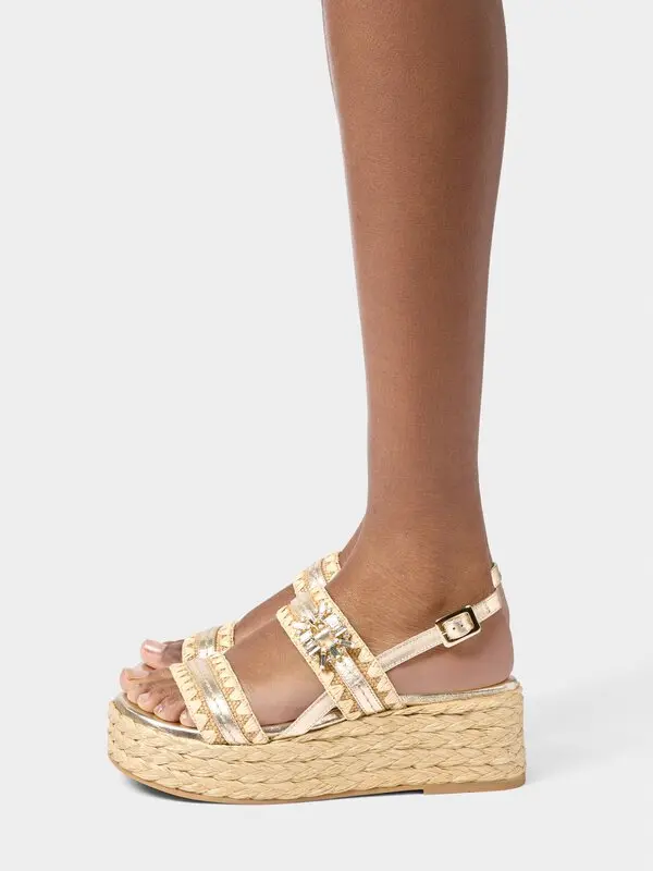 ROGER VIVIER Raffia Wedge Sandals With Crystal Buckle