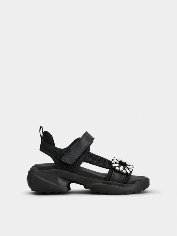 ROGER VIVIER Viv' On The Run Leather And Mesh Sandals With Crystal Buckle