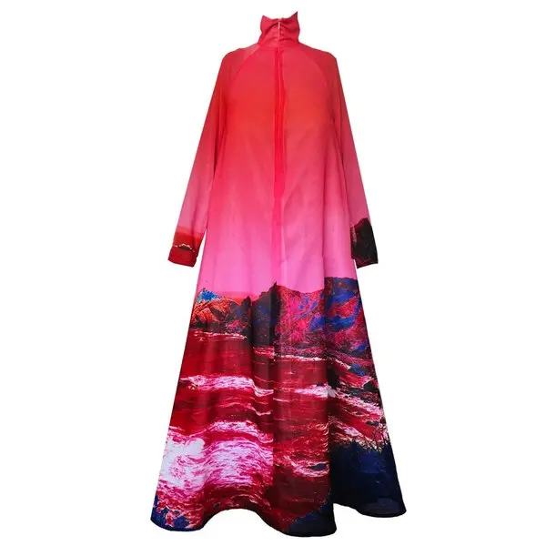 MAXJENNY A-line Maxi Dress With Landscape Print And High Collar