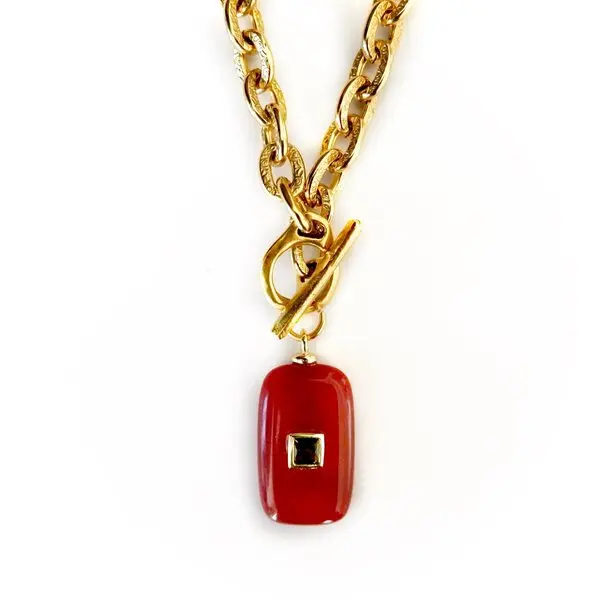 Persia Donà Jewelry Oblong Carnelian And Topaz Pendant Necklace With Vintage Chain - Gold