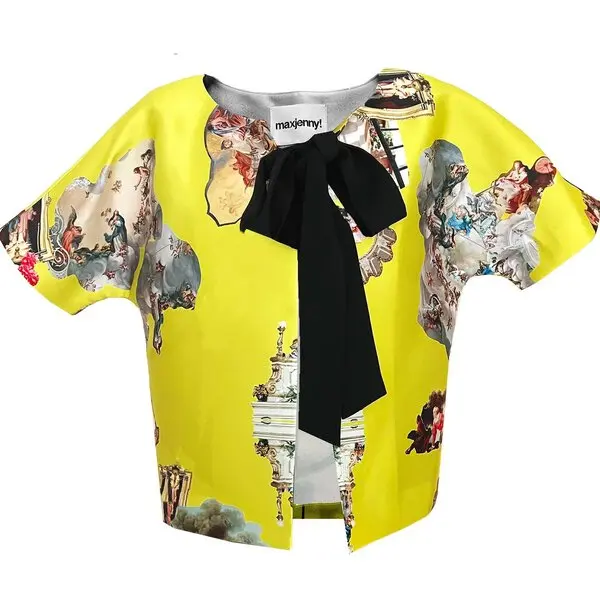 MAXJENNY Printed Cropped Jacket With Oversized Bow - Yellow