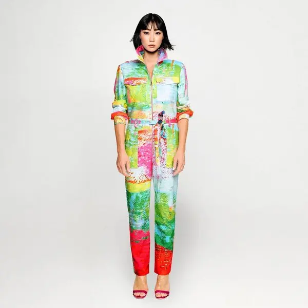MAXJENNY Abstract Brushstroke" Printed Zip-front Jumpsuit - Green/pink