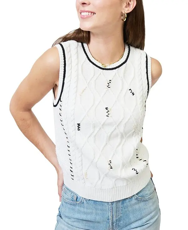 Central Park West Jaden Embroidered Cable Shell Sweater - White Ivory
