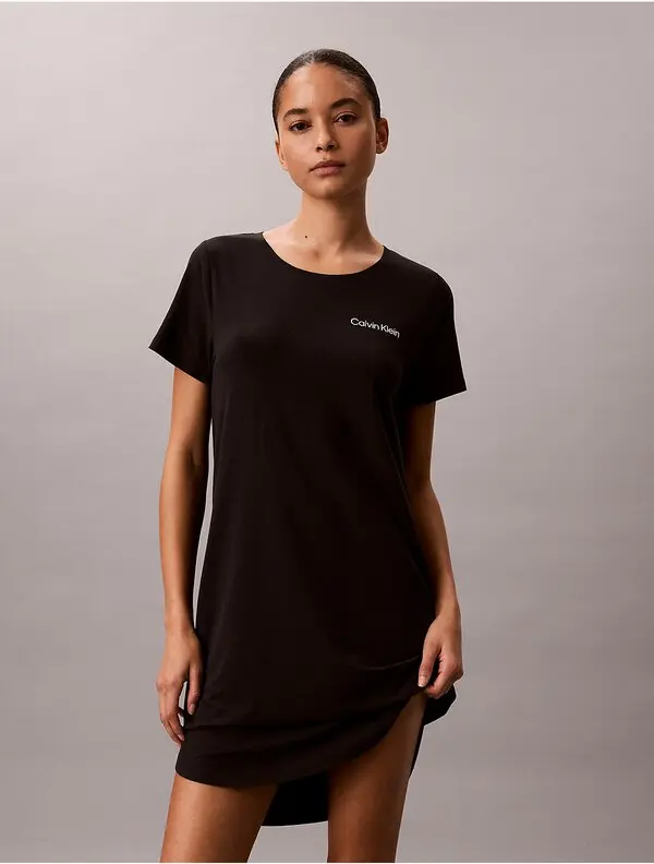 Calvin Klein Viscose Cotton Blend Night Shirt With Allover Logo Print - Black