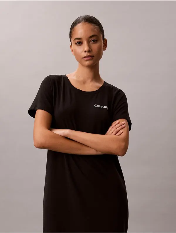 Calvin Klein Viscose Cotton Blend Night Shirt With Allover Logo Print - Black