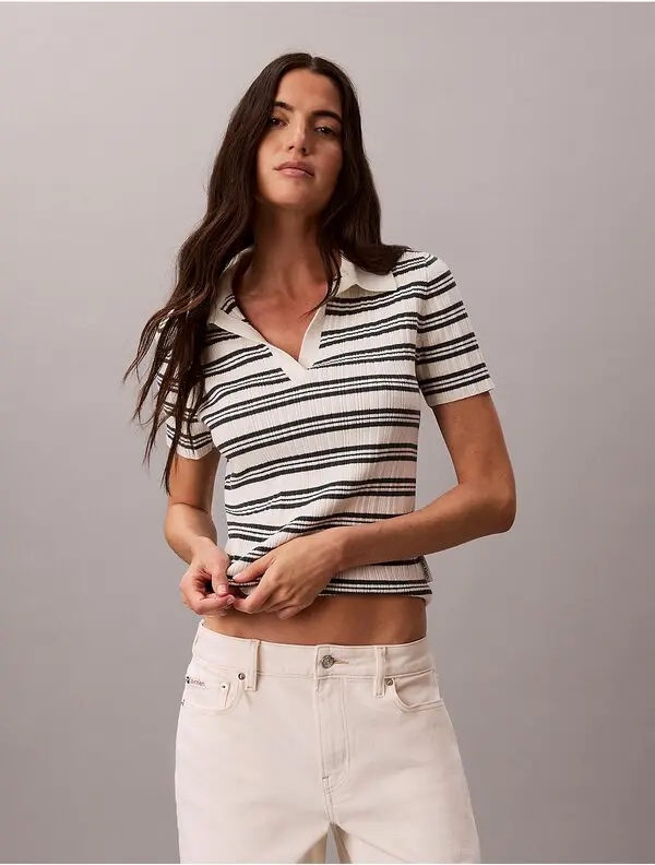 Calvin Klein Stripe Rib Slim Polo Shirt - Tofu Biloxi Blue Stripe