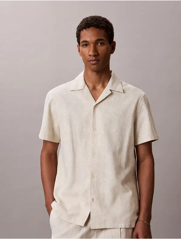 Calvin Klein Linen Cotton Camp Collar Easy Shirt - Oatmeal