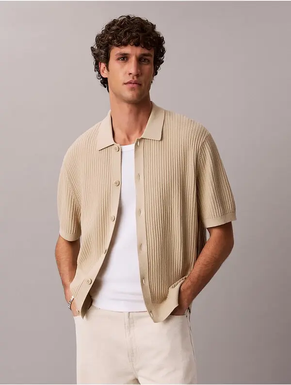 Calvin Klein Ribbed Knit Short Sleeve Button-down Shirt - White Pepper