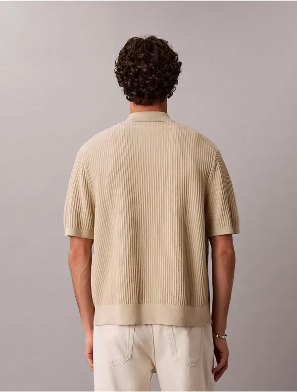 Calvin Klein Ribbed Knit Short Sleeve Button-down Shirt - White Pepper