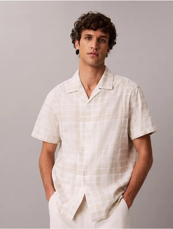 Calvin Klein Linen Blend Plaid Relaxed Button-down Shirt - Silvermoss