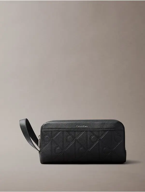 Calvin Klein Embossed Emblem Logo Leather Dopp Kit - Black