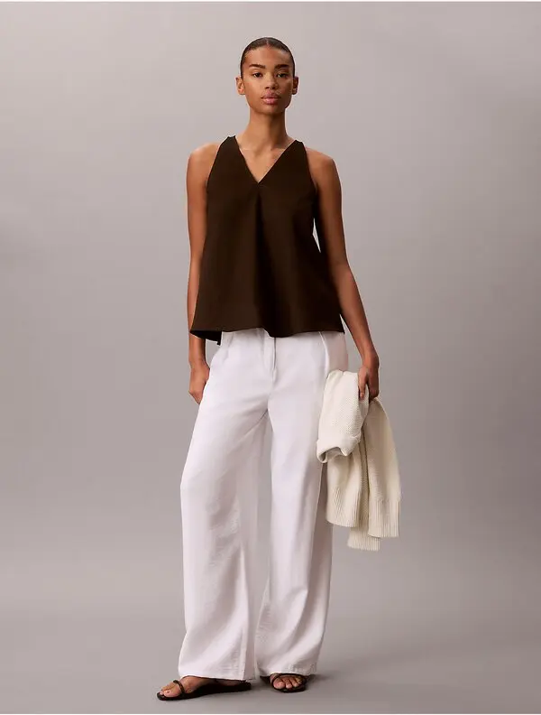 Calvin Klein Linen Blend Sleeveless V-neck Top With Tie Back - Dark Coffee