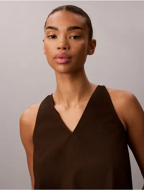 Calvin Klein Linen Blend Sleeveless V-neck Top With Tie Back - Dark Coffee