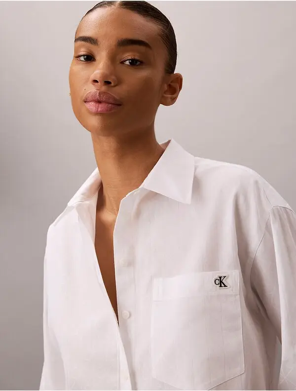 Calvin Klein Cotton Poplin Emblem Logo Jacquard Shirt - Brilliant White Aop Jacquard
