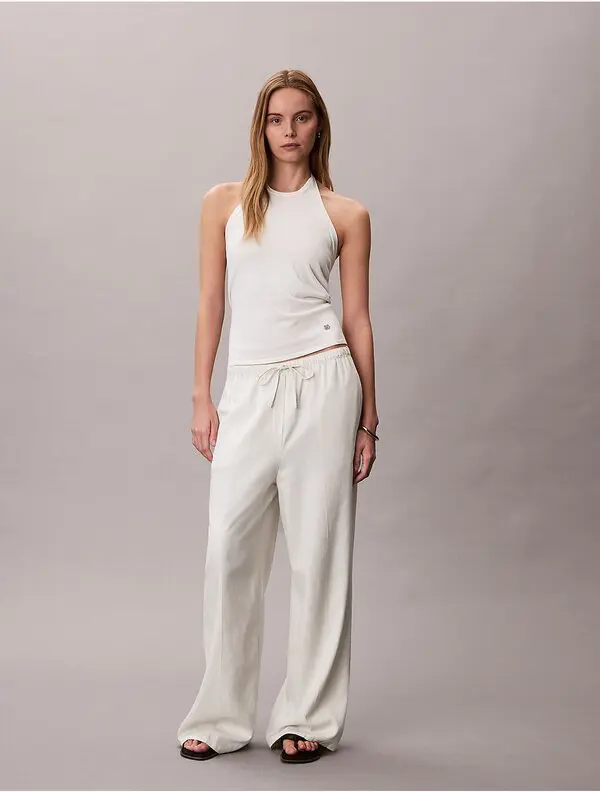 Calvin Klein Linen Blend Drawstring Wide Leg Pants - Chalk