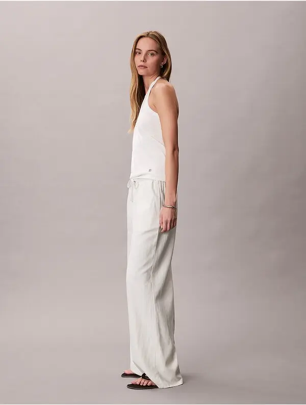 Calvin Klein Linen Blend Drawstring Wide Leg Pants - Chalk