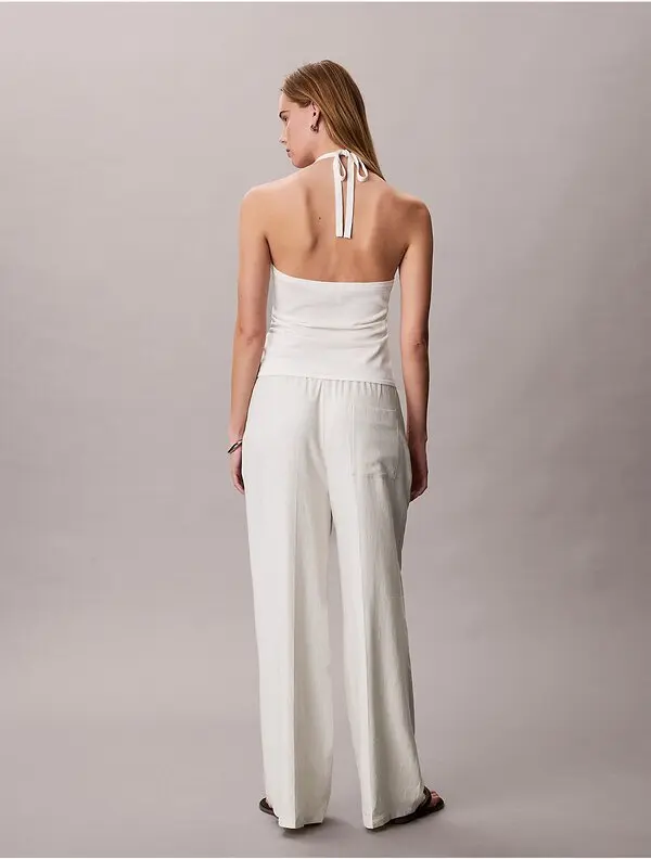 Calvin Klein Linen Blend Drawstring Wide Leg Pants - Chalk