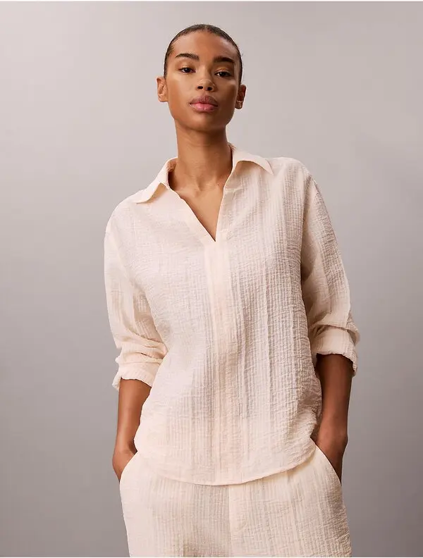 Calvin Klein Textured Stripe Sheer Button-down Shirt - Mother Of Pearl