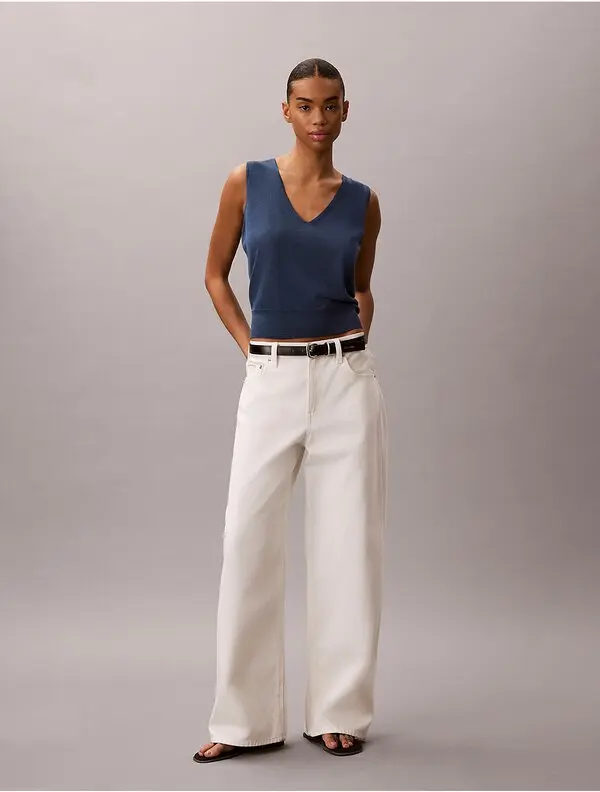 Calvin Klein Linen Blend V-neck Cropped Tank Top - Dark Denim