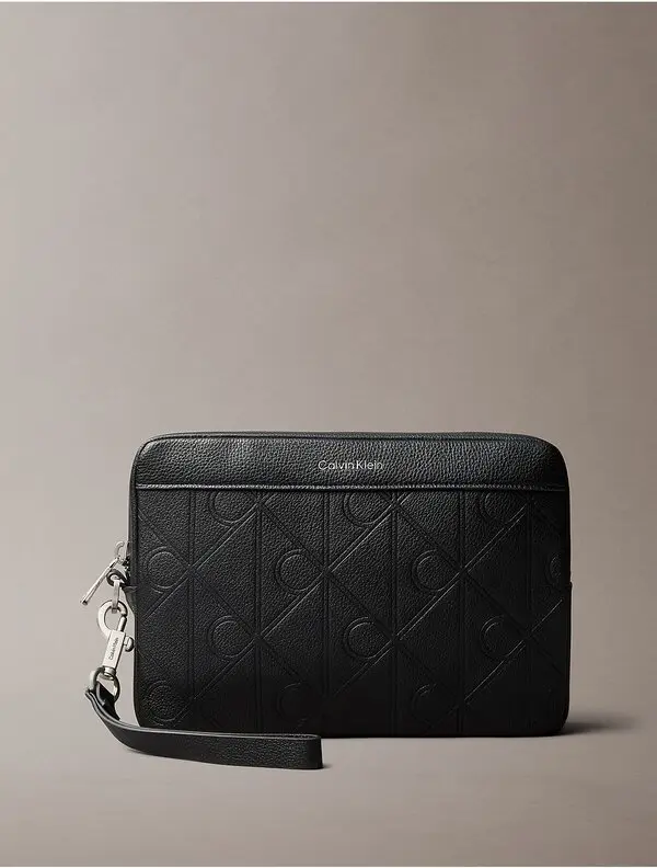 Calvin Klein Embossed Emblem Logo Leather Pouch Wristlet - Black