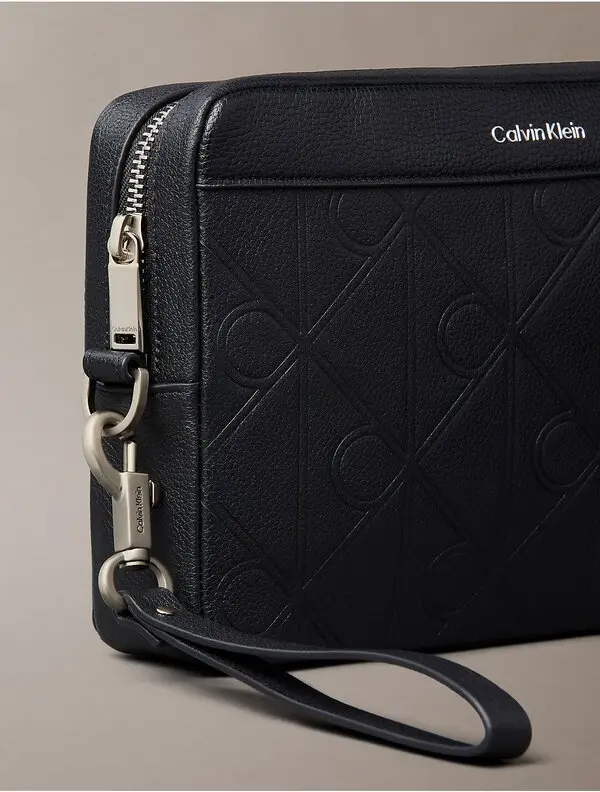 Calvin Klein Embossed Emblem Logo Leather Pouch Wristlet