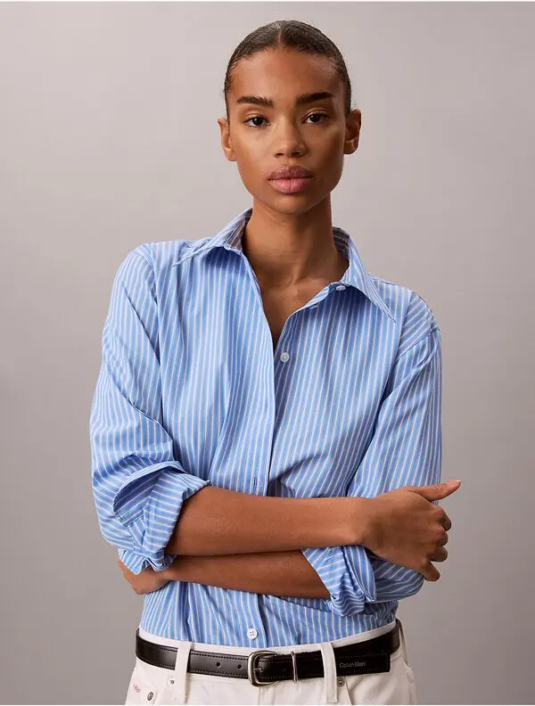 Calvin Klein Cotton Poplin Emblem Logo Stripe Button-down Shirt - Marina Blue