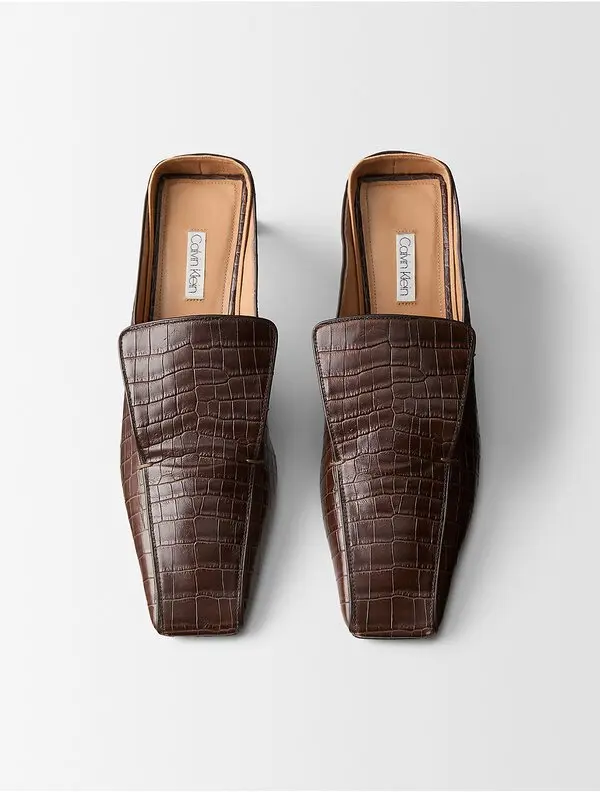 Calvin Klein Tilda Embossed Leather Loafer Kitten Heel Mules